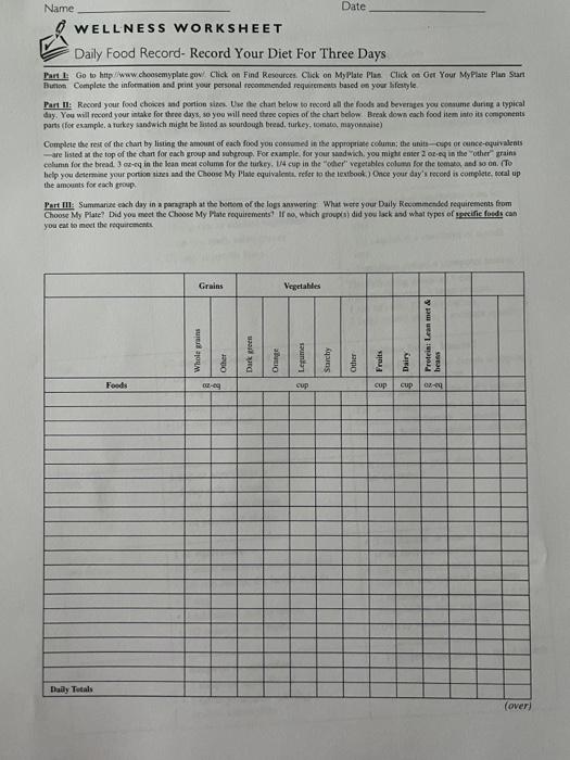 Nine WELLNESS WORKSHEET Daly Food Record- Recond Your | Chegg.com