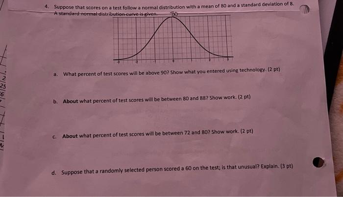 Solved Suppose that scores on a test follow a normal | Chegg.com