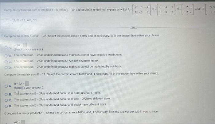 Solved −2A,B−2A,AC,CD Compite the matro product −2 A. Select | Chegg.com