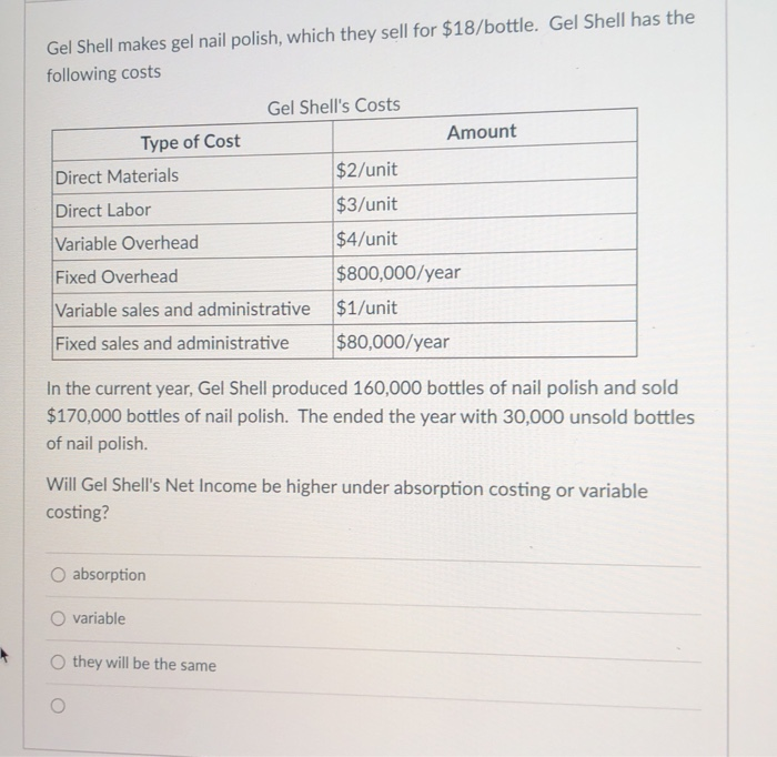 Solved Gel Shell makes gel nail polish, which they sell for | Chegg.com