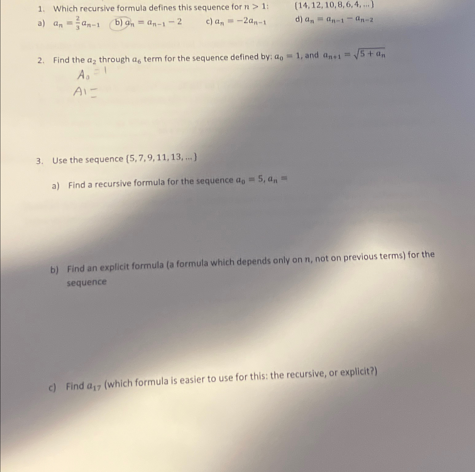 Solved Which recursive formula defines this sequence for | Chegg.com