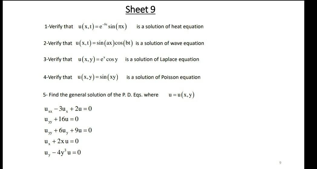 Solved Sheet 9 1-Verify that u(x,t)=e" sin(ix) is a solution | Chegg.com