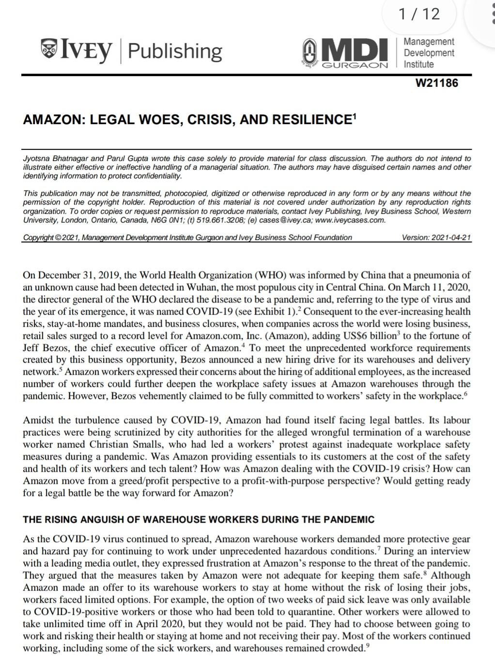 Solved question 1: Summary of case study on Amazon : Legal | Chegg.com