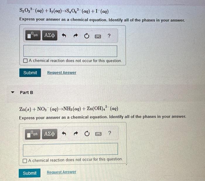 Solved S2O32−(aq)+I2(aq)→S4O62−(aq)+I−(aq) Express your | Chegg.com