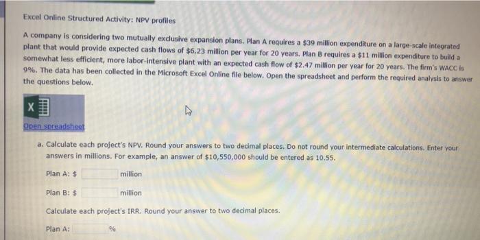 Solved Excel Online Structured Activity: NPV profiles A | Chegg.com