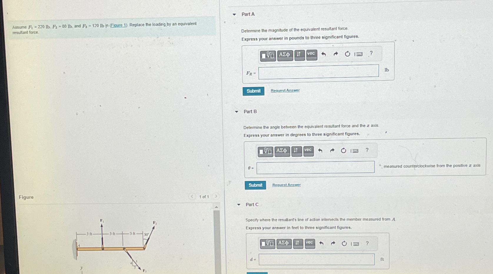 Solved Assume F1=220lb,F2=80lb, ﻿and F3=120lb ﻿in (Fioure | Chegg.com