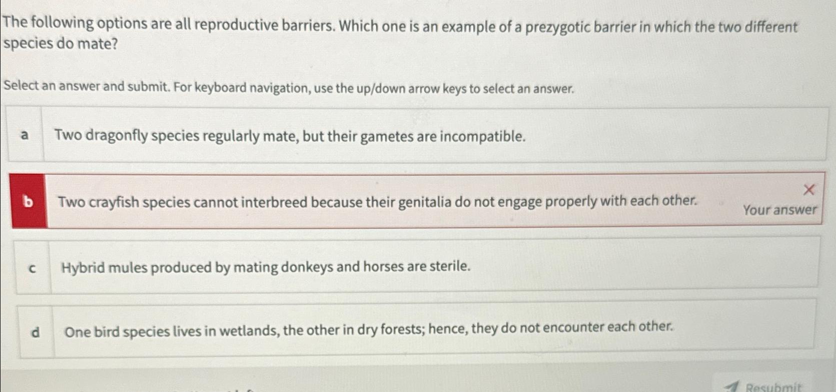 Solved The following options are all reproductive barriers. | Chegg.com