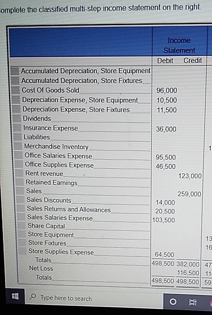 Complete the classified multi-step income statement | Chegg.com
