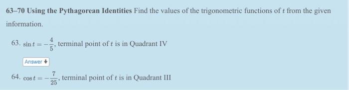 Solved 63-70 Using the Pythagorean Identities Find the | Chegg.com