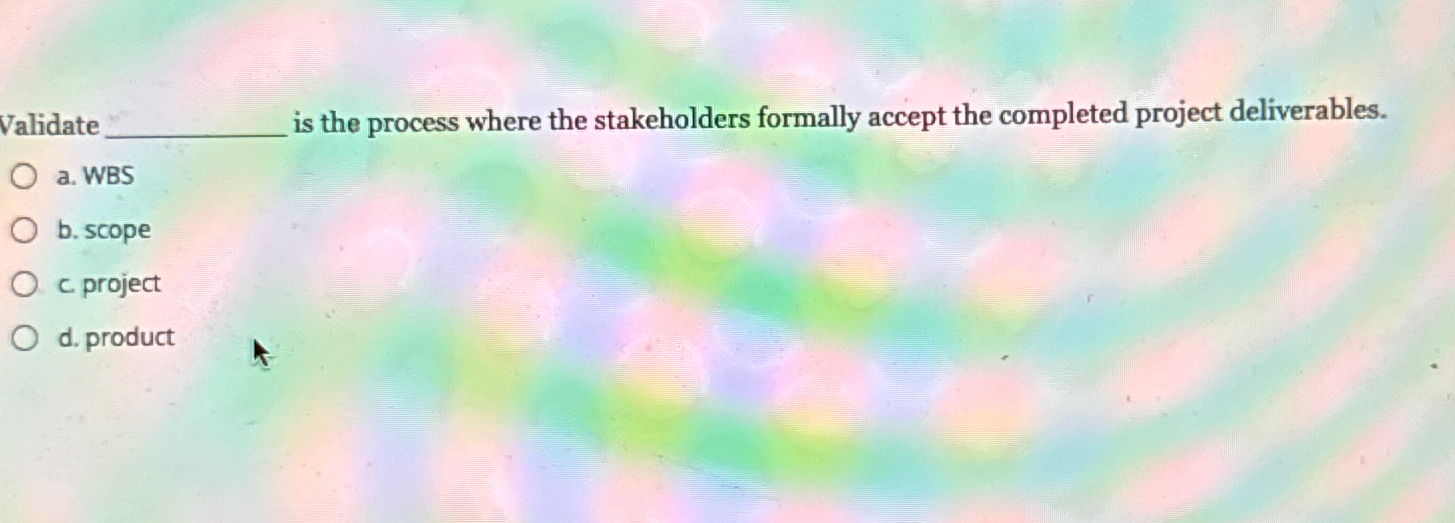 Solved Validate ﻿is the process where the stakeholders | Chegg.com