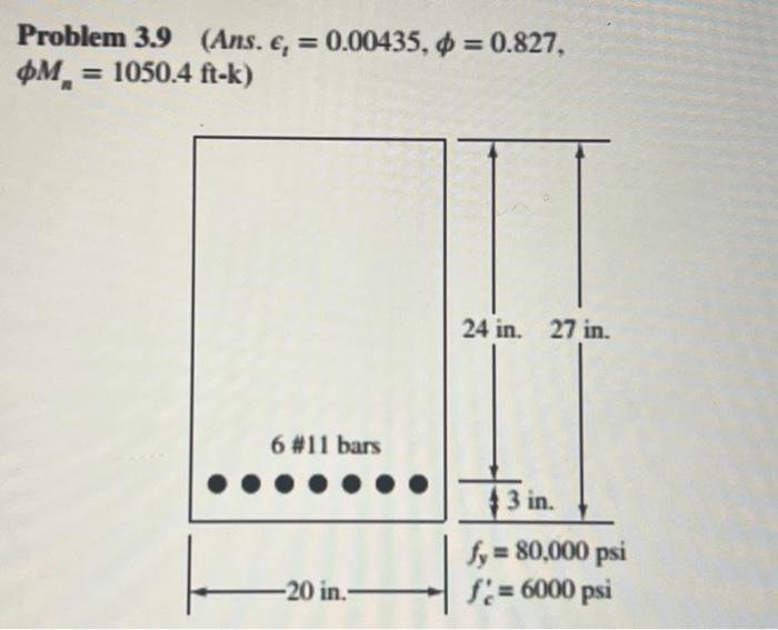 Solved Problem 3.9 (Ans. ϵt=0.00435,ϕ=0.827, ϕMn=1050.4ft−k | Chegg.com