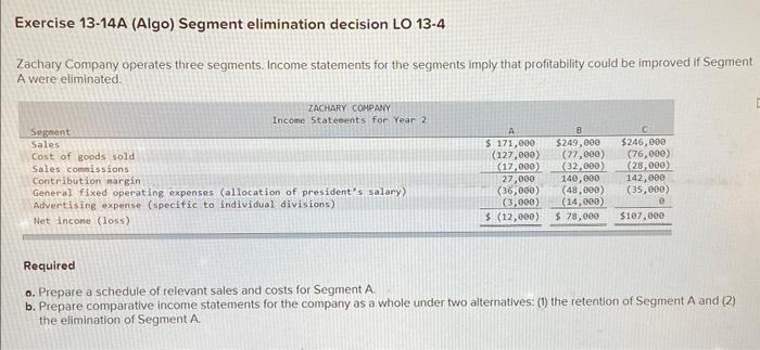 Solved Exercise 13-14A (Algo) Segment elimination decision | Chegg.com