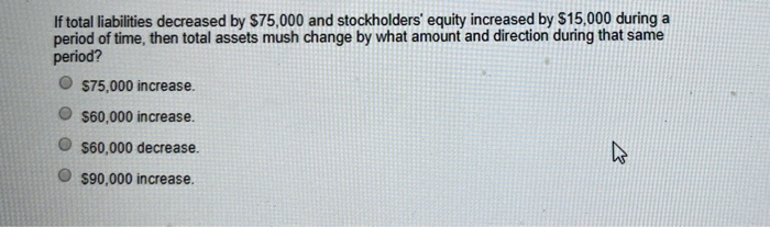 Solved If total liabilities decreased by $75,000 and | Chegg.com
