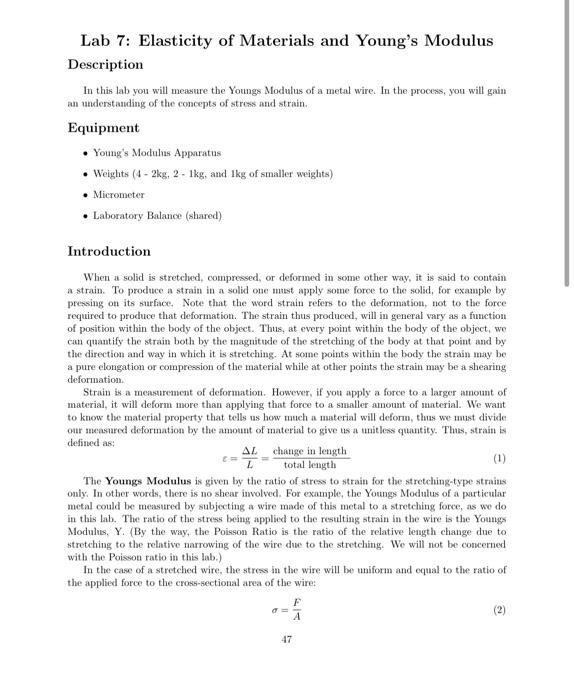 Solved Lab 7: Elasticity of Materials and Young's Modulus | Chegg.com