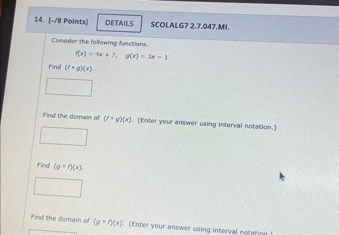 Solved 14. [-/8 Points] Consider the following functions. | Chegg.com