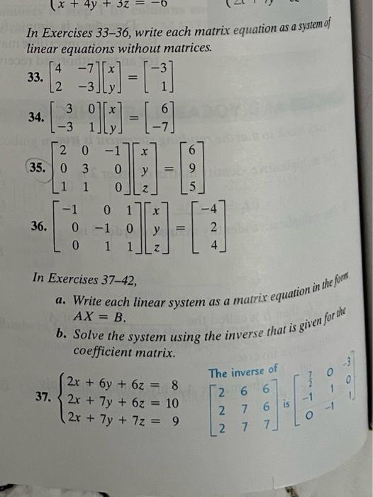 Solved + 3z In Exercises 33-36, write each matrix equation | Chegg.com
