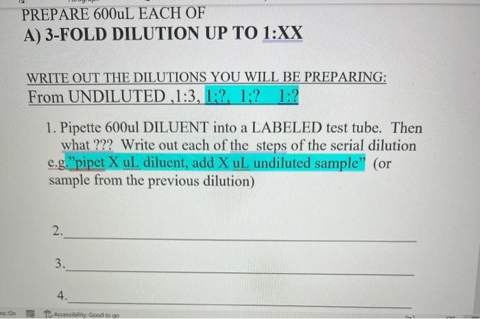 Solved ns: On PREPARE 600uL EACH OF A) 3-FOLD DILUTION UP TO | Chegg.com