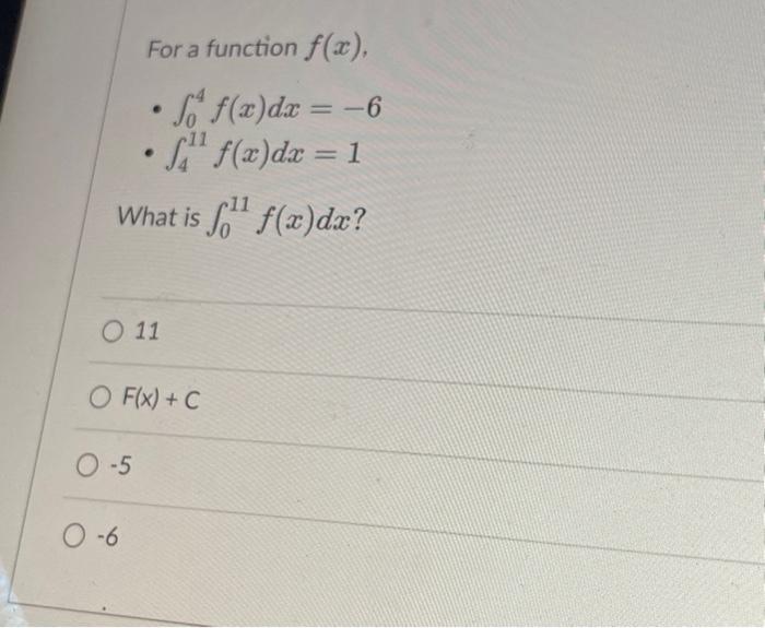 Solved For a function f(x), •f f(x) dx = -6 11 •₁¹¹ f(x) dx | Chegg.com