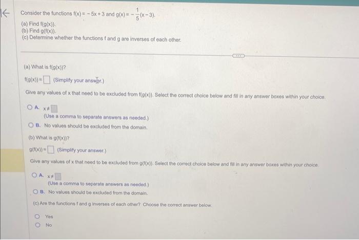 Solved Consider the functions f(x)=−5x+3 and g(x)=−51(x−3). | Chegg.com