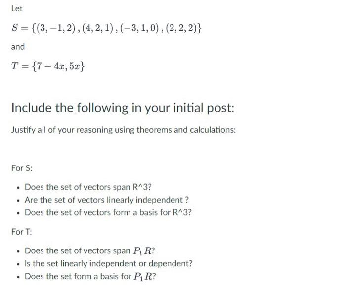Solved Let S = {(3,-1, 2), (4, 2, 1), (-3, 1, 0), (2, 2, 2)} | Chegg.com