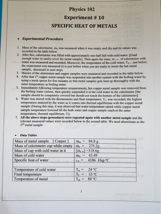 Solved Physics 102 Experiment # 10 SPECIFIC HEAT OF METALS • | Chegg.com
