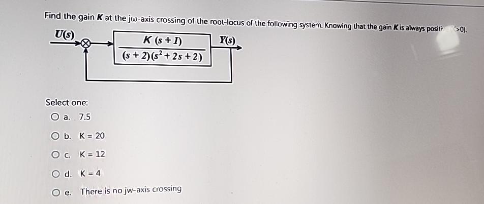 Solved Find the gain K at the j \\\\omega -axis crossing of | Chegg.com