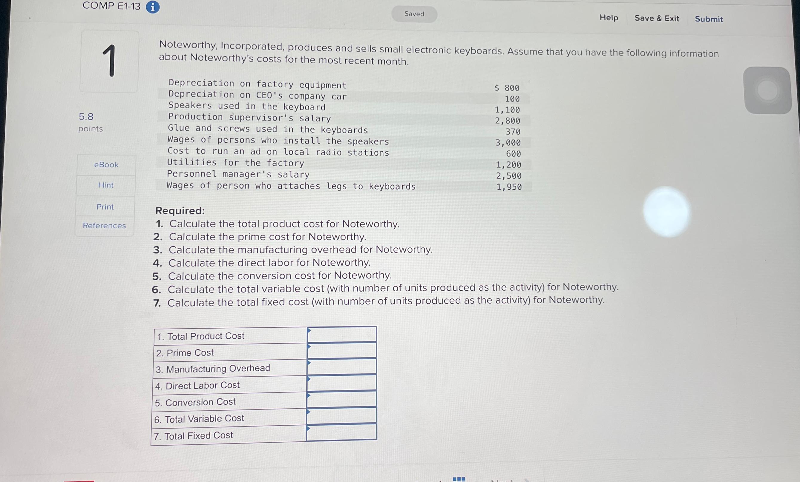 Solved COMP E1-13 ﻿iHelpSave & ExitSubmitNoteworthy, | Chegg.com