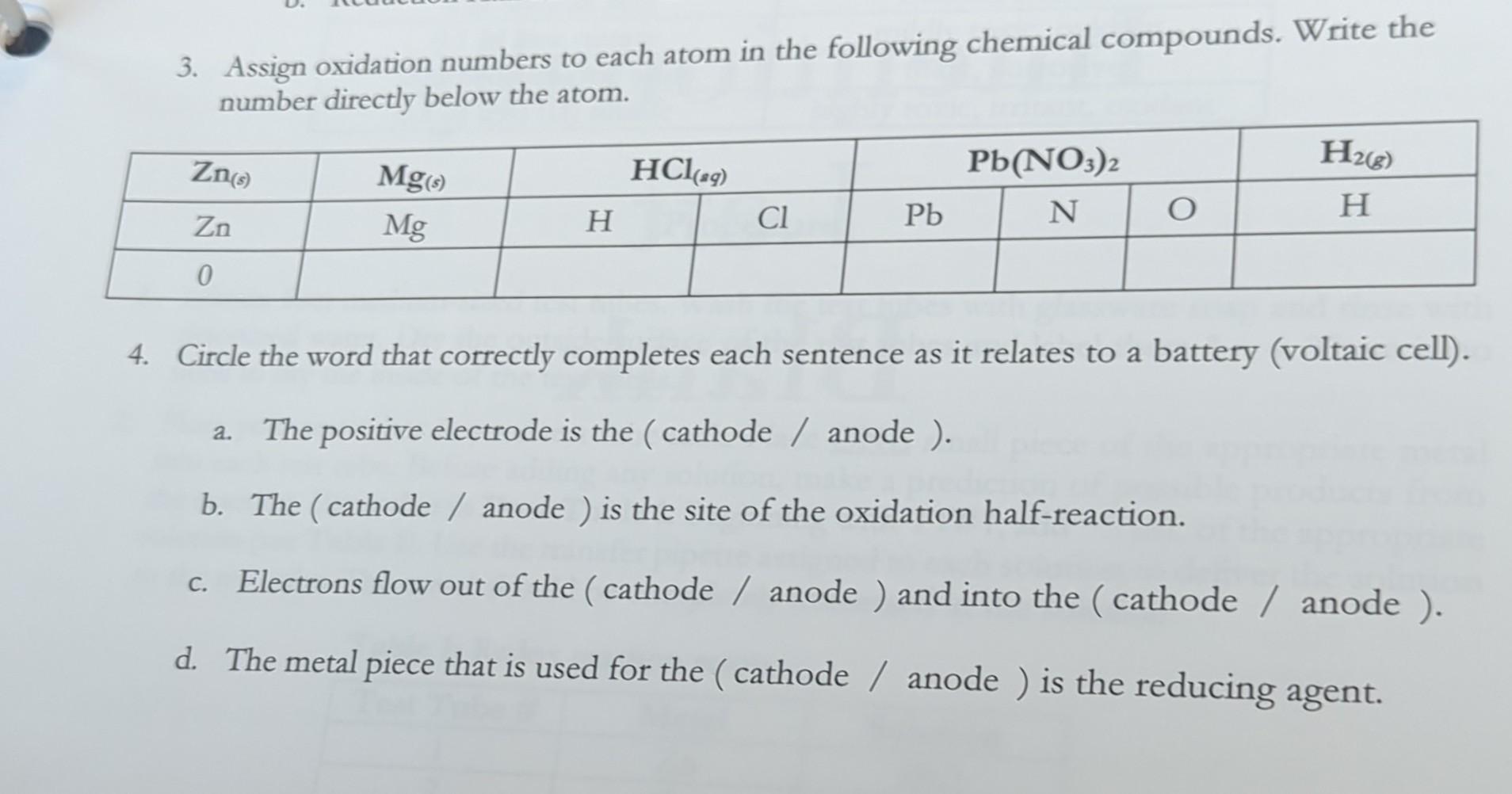 Solved 3. Assign oxidation numbers to each atom in the | Chegg.com