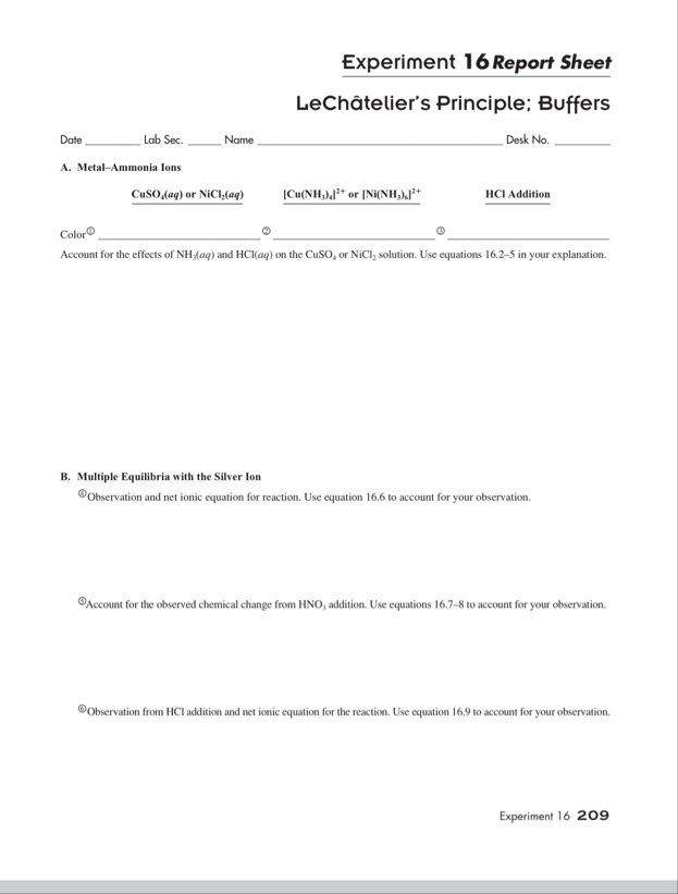 Solved Experiment 16 ﻿Report SheetLeChâtelier's Principle; | Chegg.com