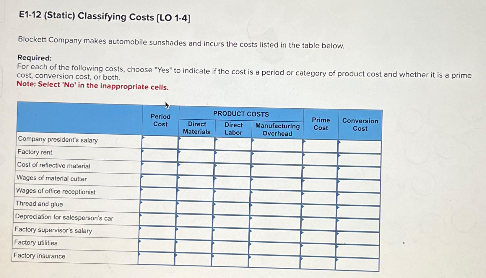 Solved E1-12 (Static) ﻿Classifying Costs [LO 1-4]Blockett | Chegg.com