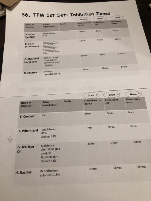 Solved 36. TPM 1st Set: Inhibition Zones Gram Gram | Chegg.com