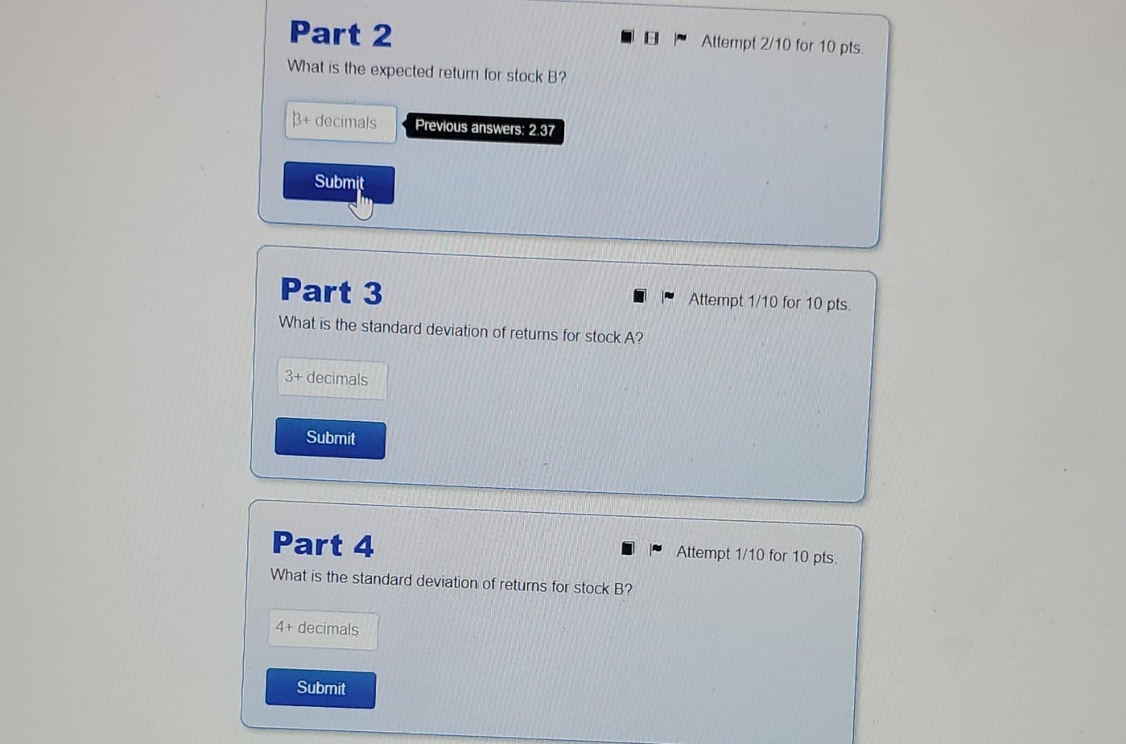 Solved What Is The Expected Retum For Stock B Part 3 What 8058