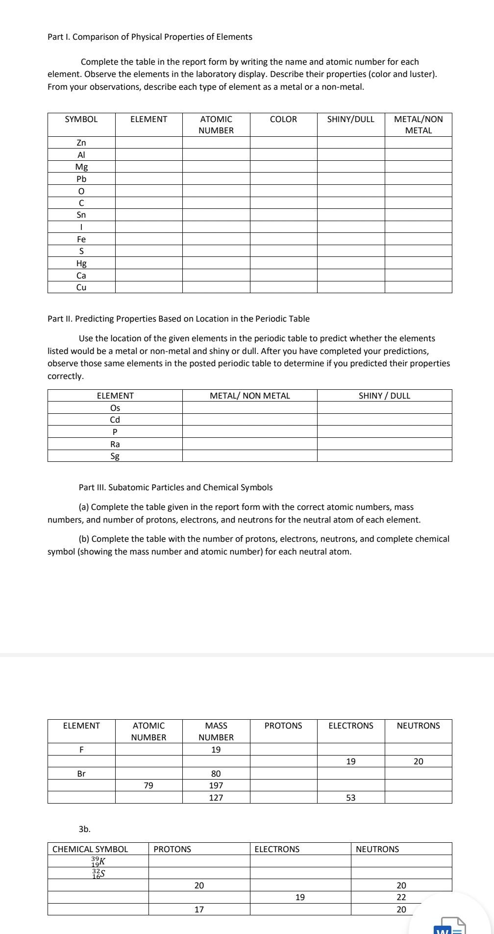 Solved Part I. Comparison of Physical Properties of Elements | Chegg.com