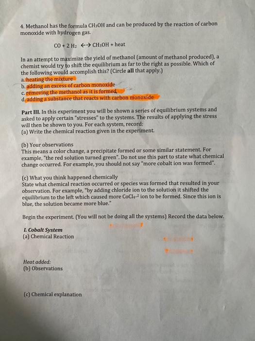 Solved 4. Methanol has the formula CH3OH and can be produced | Chegg.com