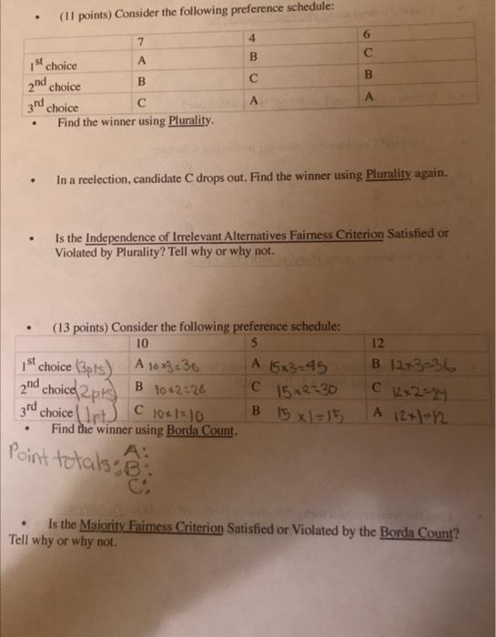 Solved - (11 points) Consider the following preference | Chegg.com