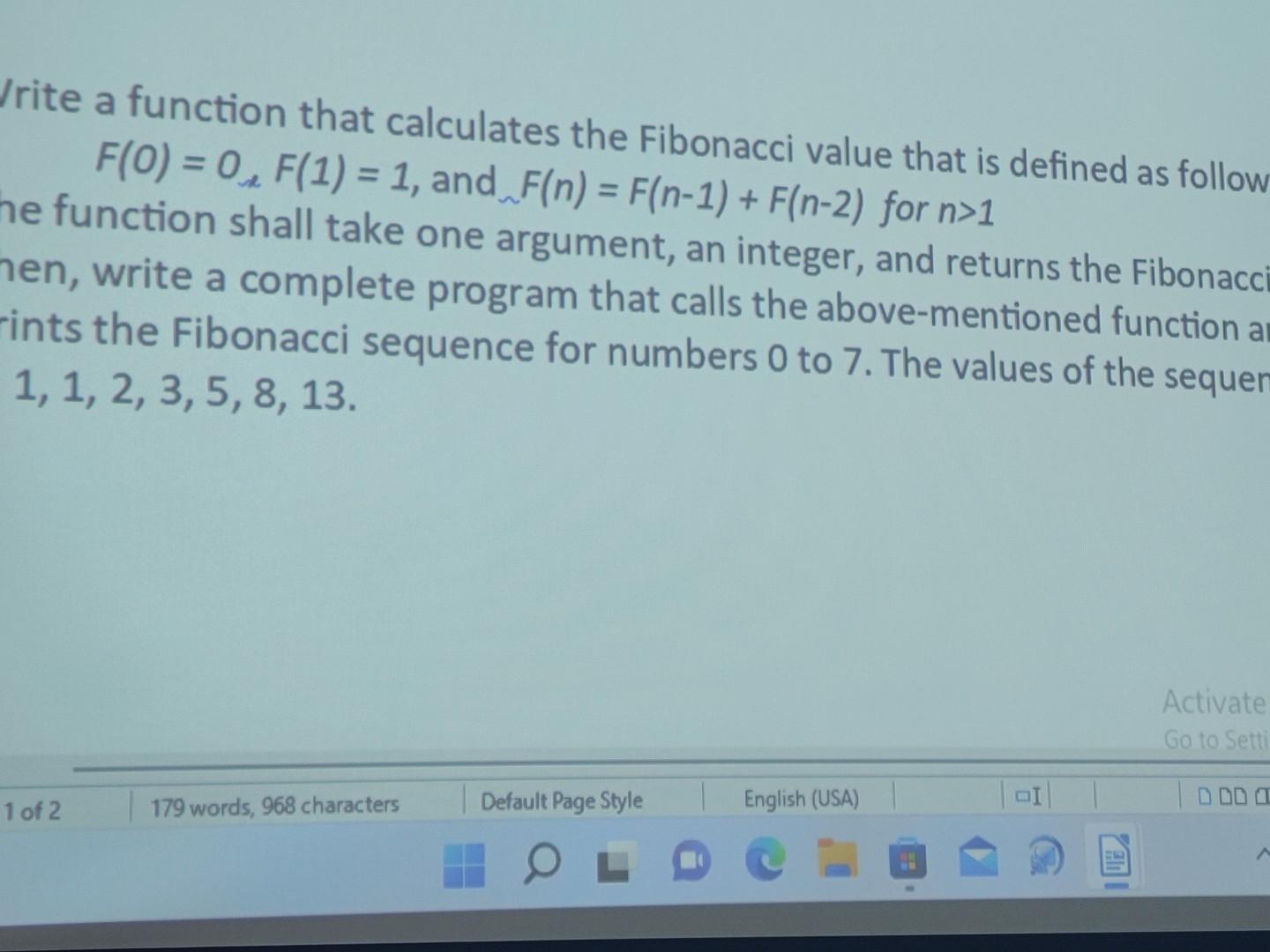 Solved /rite a function that calculates the Fibonacci value | Chegg.com