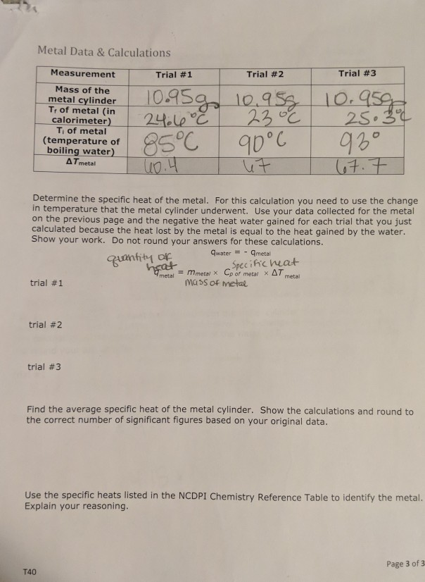 Solved Metal Data & Calculations Measurement Trial #1 Trial | Chegg.com