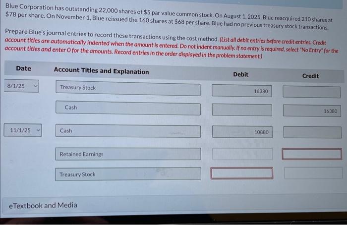 Solved Blue Corporation has outstanding 22,000 shares of $5 | Chegg.com