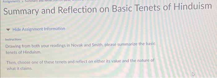 Summary and Reflection on Basic Tenets of Hinduism | Chegg.com