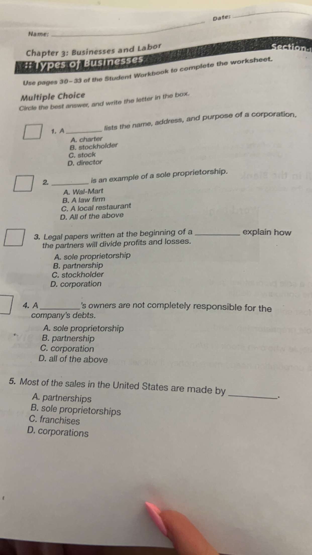 Solved Date:Name:Chapter 3: Businesses and Labor#iypes of | Chegg.com