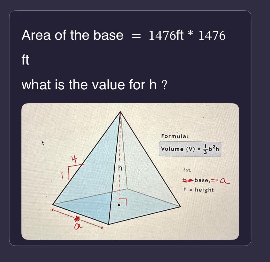 Area of the base =1476ft**1476 ftwhat is the value | Chegg.com
