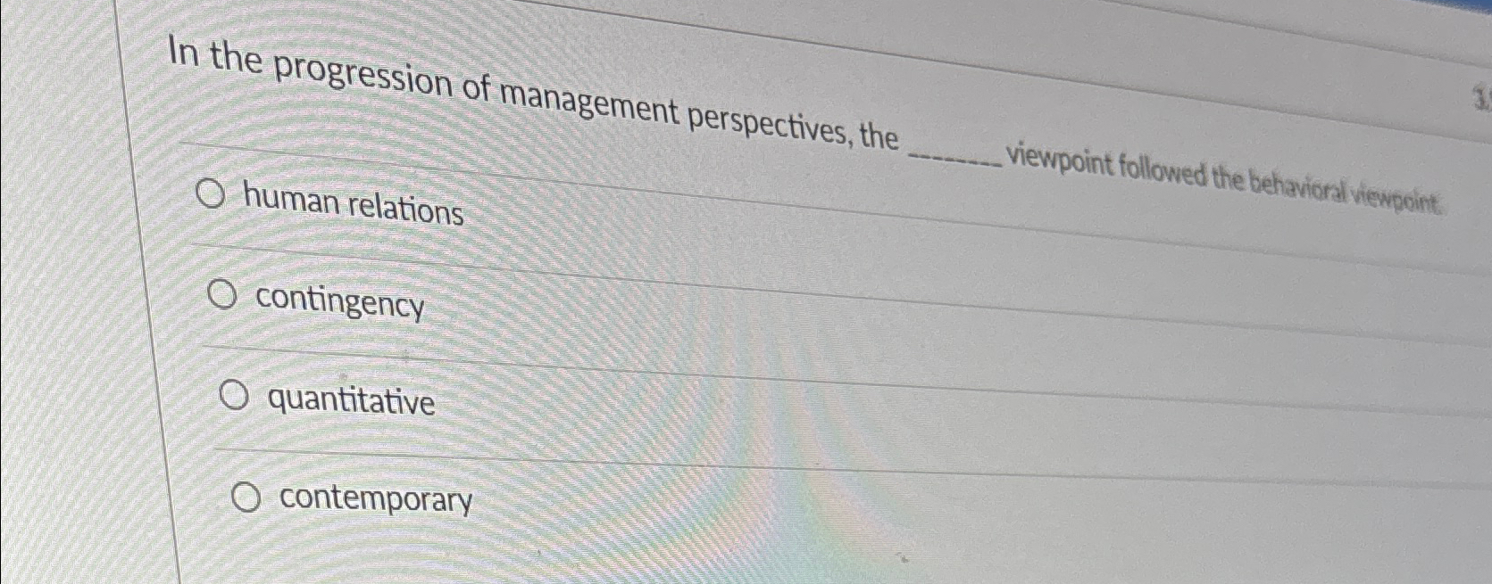 Solved In the progression of management perspectives, the | Chegg.com