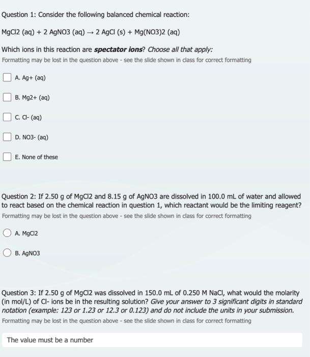 Solved Question 1: Consider the following balanced chemical | Chegg.com