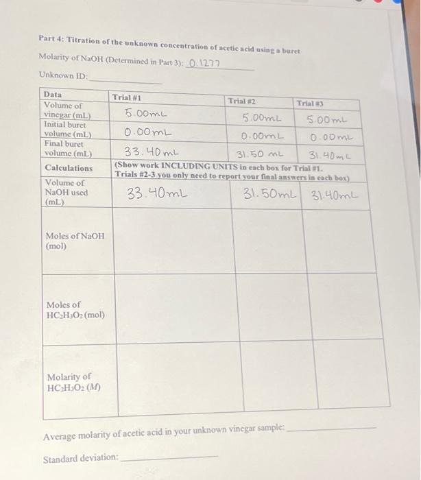 Solved Part 4: Titration of the unknown concentration of | Chegg.com
