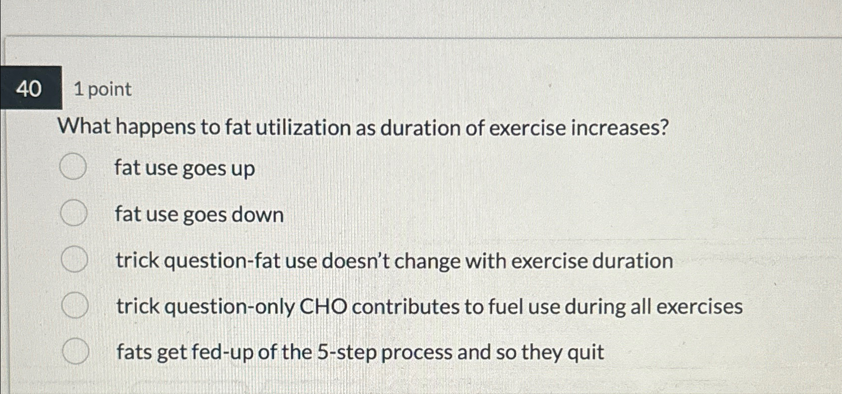 Solved 401 ﻿pointWhat happens to fat utilization as duration | Chegg.com