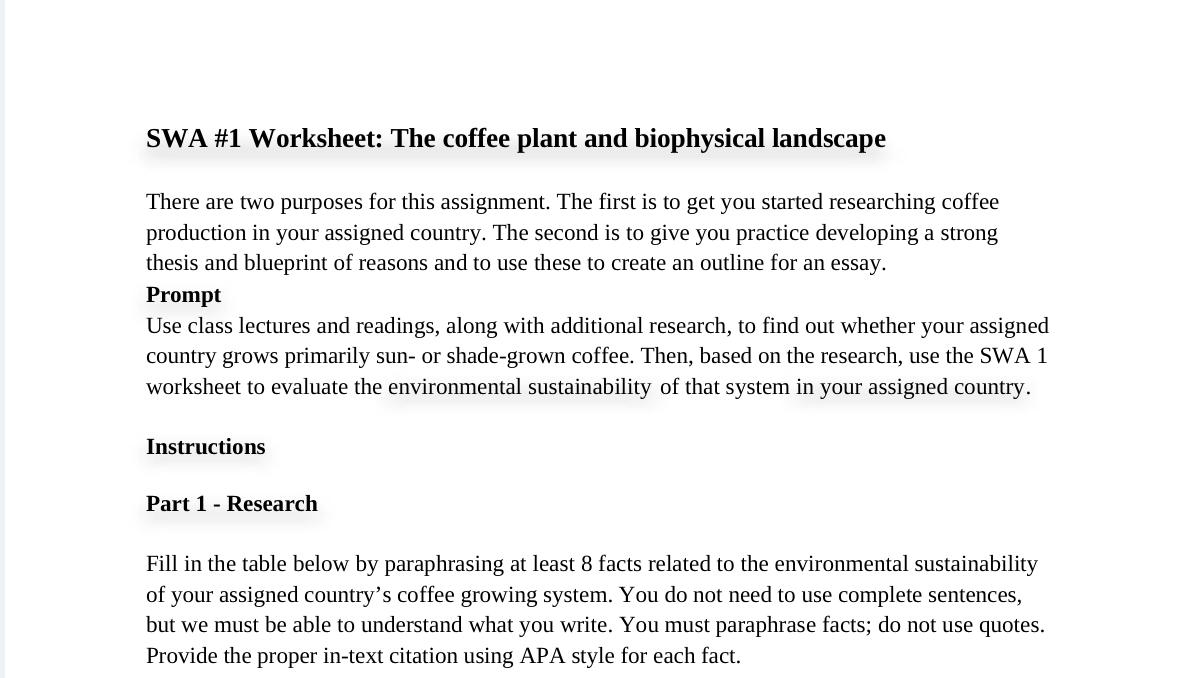 Solved SWA #1 ﻿Worksheet: The coffee plant and biophysical | Chegg.com