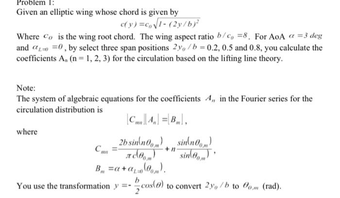 Problem 1: Given an elliptic wing whose chord is | Chegg.com
