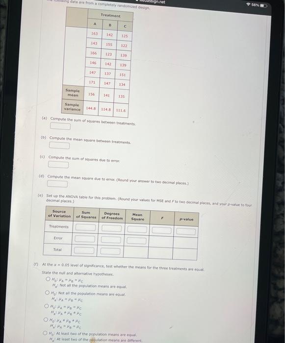 Solved (a) Compute the sum of squares between treatments. | Chegg.com