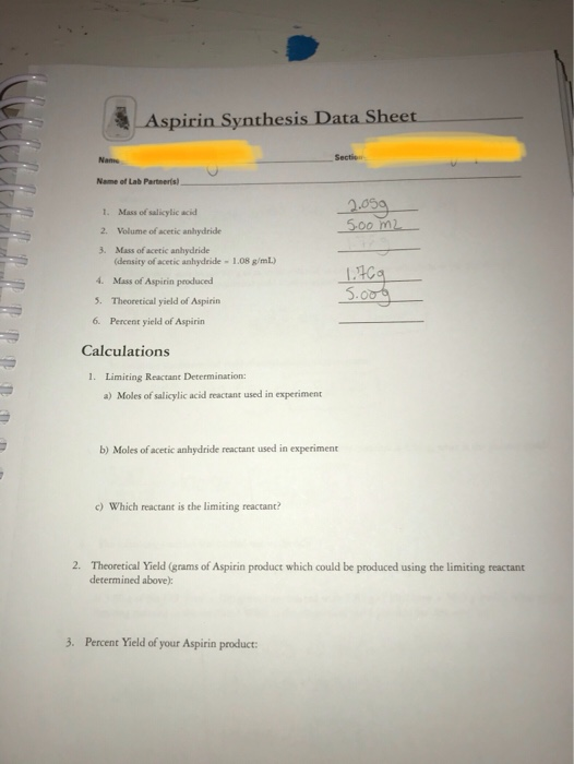 Solved Aspirin Synthesis Data Sheet Sectio Name Name of Lab | Chegg.com