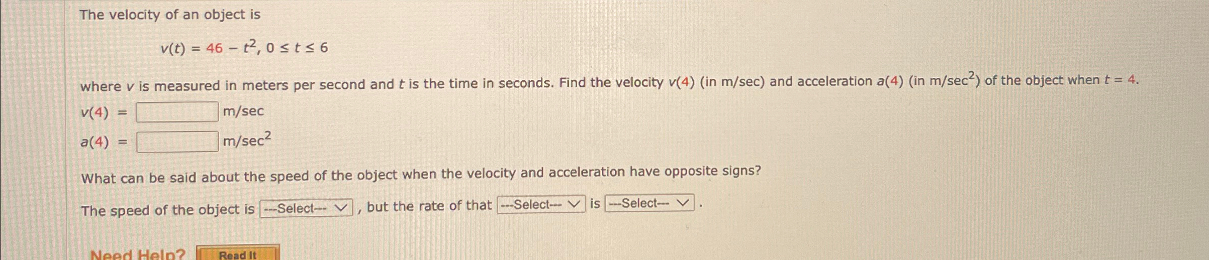 Solved The velocity of an object isv(t)=46-t2,0≤t≤6where v | Chegg.com